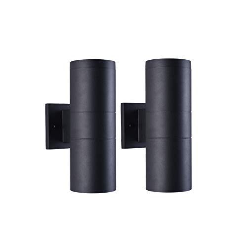 mirrea Modern Outdoor Porch Light Patio Light in 2 Lights with Aluminum Cylinder and Tempered Glass Cover Waterproof Wall Sconce 2 Pack (Matte Black)