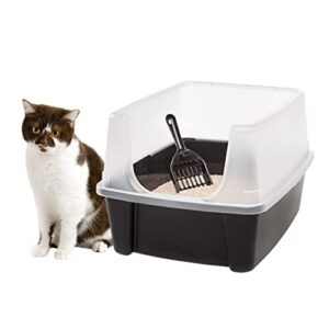 iris usa open top cat litter tray with scoop and scatter shield, sturdy easy to clean open air kitty litter pan with tall spray and scatter shield, black/clear