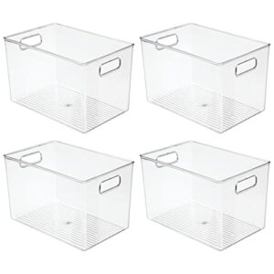 mDesign Deep Plastic Home Storage Organizer Bin with Built-in Handles for Cube Furniture Shelving in Office, Closet, Cabinet, Bedroom, Bathroom, Nursery, Dorm - Ligne Collection - 4 Pack - Clear