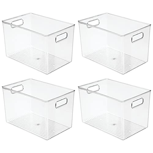 mDesign Deep Plastic Home Storage Organizer Bin with Built-in Handles for Cube Furniture Shelving in Office, Closet, Cabinet, Bedroom, Bathroom, Nursery, Dorm - Ligne Collection - 4 Pack - Clear