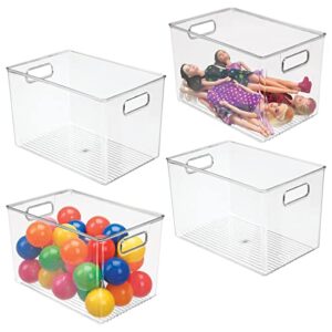 mdesign deep plastic home storage organizer bin with built-in handles for cube furniture shelving in office, closet, cabinet, bedroom, bathroom, nursery, dorm - ligne collection - 4 pack - clear