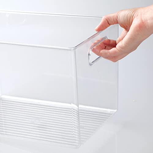 mDesign Deep Plastic Home Storage Organizer Bin with Built-in Handles for Cube Furniture Shelving in Office, Closet, Cabinet, Bedroom, Bathroom, Nursery, Dorm - Ligne Collection - 4 Pack - Clear