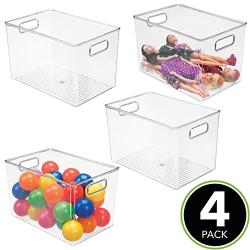 mDesign Deep Plastic Home Storage Organizer Bin with Built-in Handles for Cube Furniture Shelving in Office, Closet, Cabinet, Bedroom, Bathroom, Nursery, Dorm - Ligne Collection - 4 Pack - Clear