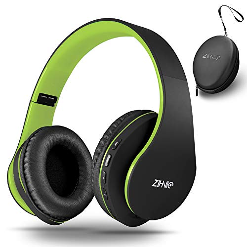 ZIHNIC Bluetooth Headphones Over-Ear, Foldable Wireless and Wired Stereo Headset Micro SD/TF, FM for Cell Phone,PC,Soft Earmuffs &Light Weight for Prolonged Wearing(Black/Green)