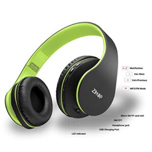 ZIHNIC Bluetooth Headphones Over-Ear, Foldable Wireless and Wired Stereo Headset Micro SD/TF, FM for Cell Phone,PC,Soft Earmuffs &Light Weight for Prolonged Wearing(Black/Green)