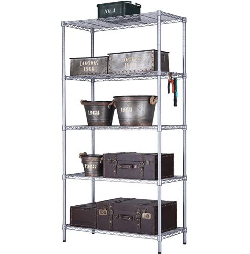 5 Tier Wire Shelving Rack Storage Metal Shelf Wire Shelving Unit 72" Hx36 Wx14 D 1250 LBS Capacity Sturdy Steel Heavy Duty 5 Tier Layer Rack for Restaurant Garage Pantry Kitchen Garage Rack Chrome