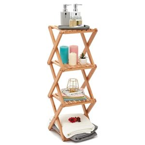 ezoware bathroom storage shelf, 4-tier collapsible narrow storage organizer rack accent tower display shelving – rubberwood