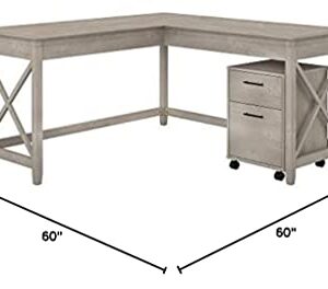 Bush Furniture Key West 60W L Shaped Desk with Mobile File Cabinet in Washed Gray