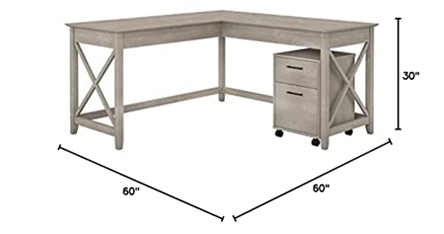 Bush Furniture Key West 60W L Shaped Desk with Mobile File Cabinet in Washed Gray