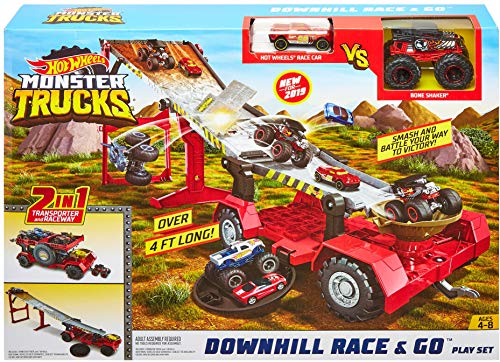 Hot Wheels Monster Trucks Down Hill Race & Go Playset with 1:64 Scale Bone Shaker Toy Truck & 1:64 Scale Toy Car