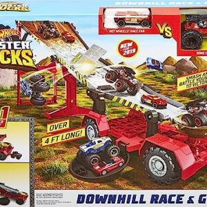 Hot Wheels Monster Trucks Down Hill Race & Go Playset with 1:64 Scale Bone Shaker Toy Truck & 1:64 Scale Toy Car