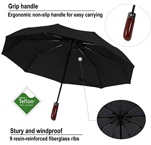 VAN BEEKEN Umbrella with Wooden Handle – Lightweight, Portable and Compact, Ideal for Travel – City Umbrella with Auto Open Close Function - Umbrella Windproof for Men