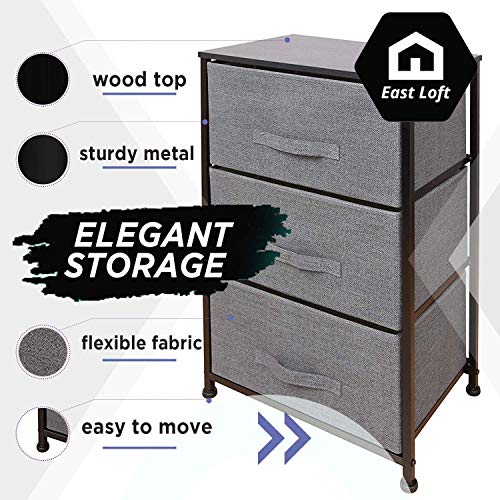 East Loft Nightstand Dresser Storage Organizer for Closet, Nursery, Bathroom, Laundry or Bedroom 3 Fabric Drawers, Solid Wood Top, Durable Steel Frame (Charcoal)