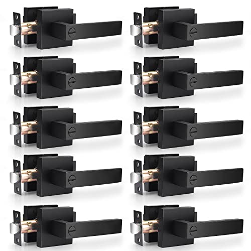 Probrico 10 Pack| Matte Black Door Handles Privacy Door Levers, Heavy Duty Bed and Bath Door Locks Interior Keyless Locksets, Reversible Flat Levers with Square Rosette