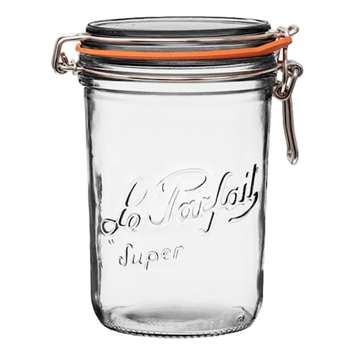 Le Parfait Super Terrine - 1L French Glass Canning Jar w/Straight Body, Airtight Rubber Seal & Glass Lid, 32oz/Quart (Single Jar) Stainless Wire