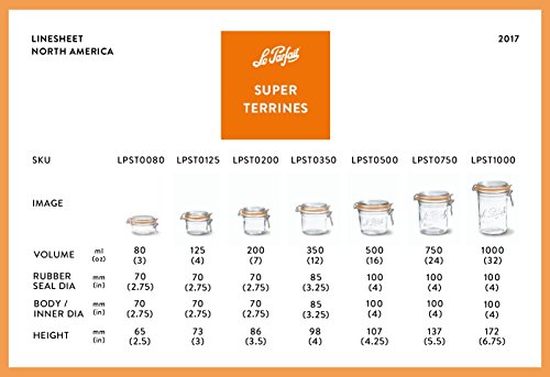 Le Parfait Super Terrine - 1L French Glass Canning Jar w/Straight Body, Airtight Rubber Seal & Glass Lid, 32oz/Quart (Single Jar) Stainless Wire