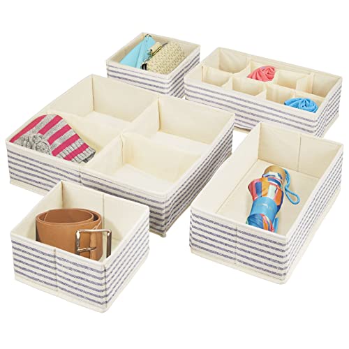 mDesign Soft Fabric Dresser Drawer/Closet Divided Storage Organizer Bins for Bedroom - Holds Lingerie, Bras, Socks, Leggings, Clothes, Purses, Scarves, Lido Collection - Set of 5 - Natural/Blue Stripe