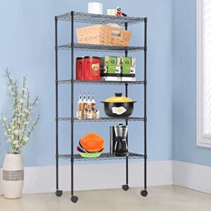 BMS 5-Tier Wire Shelving Unit Steel Large Metal Shelf Organizer Garage Storage Shelves Heavy Duty NSF Height Adjustable Commercial Grade Utility Storage Metal Rack on Wheels 14”D x 30”W x 60”H,Black