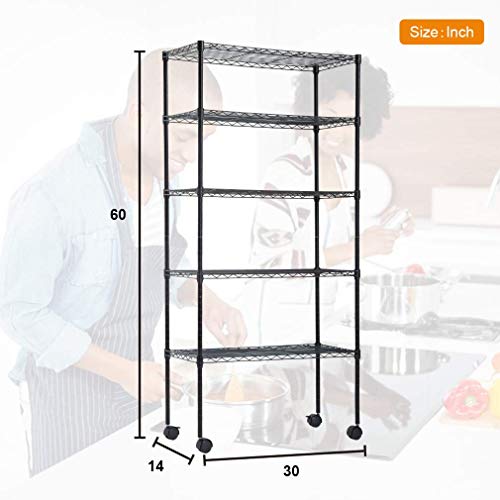 BMS 5-Tier Wire Shelving Unit Steel Large Metal Shelf Organizer Garage Storage Shelves Heavy Duty NSF Height Adjustable Commercial Grade Utility Storage Metal Rack on Wheels 14”D x 30”W x 60”H,Black