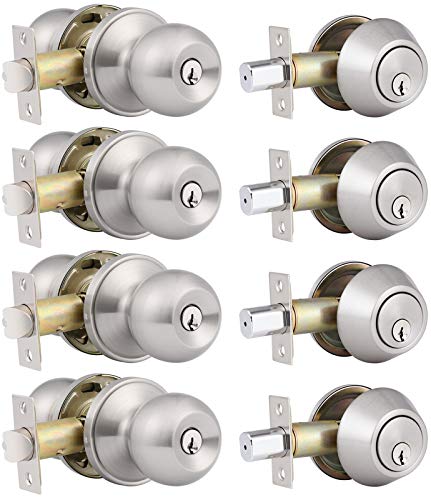 home improvement direct 4 Pack Keyed Alike Entry Door Knobs and Single Cylinder Deadbolt Lock Combo Set Security for Entrance and Front Door with Classic Satin Nickel Finish