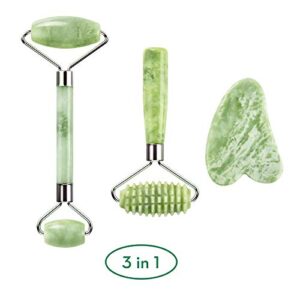 kimkoo Jade Roller and Gua Sha Set for Face-3 in 1 Kit with Facial Massager Tool,100% Real Natural Jade Stone Facial Roller Anti Aging,Face Beauty Set for Eye Anti-Wrinkle