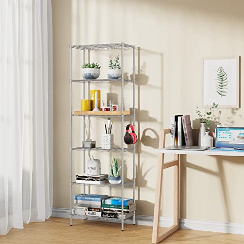 BATHWA 6-Tier Metal Wire Rack, Free Standing Shelving Unit, Adjustable Heavy Duty Storage Shelves for Kitchen Organization, with Leveling Feet and Stainless Side Hooks, Silver