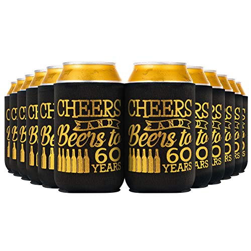 Crisky 60th Birthday Can Cooler, Black Gold Cheers to 60 Years Birthday Decoration Party Favor Can Covers, 12-Ounce Neoprene Coolers for Soda, Can Beverage, 12 Count