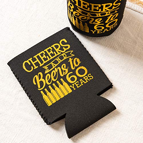 Crisky 60th Birthday Can Cooler, Black Gold Cheers to 60 Years Birthday Decoration Party Favor Can Covers, 12-Ounce Neoprene Coolers for Soda, Can Beverage, 12 Count