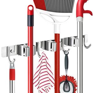 piyl mop broom holder wall mount heavy duty hooks hanger 17” stainless steel organizer for home laundry bathroom kitchen garage garden utility tools rack storage durable