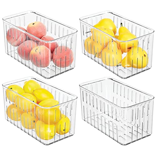 mDesign Plastic Food Cabinet Storage Organizer Container Bin with Open Vents for Kitchen, Pantry, Refrigerator Organization - Holds Fruit, Vegetables, Cheese - Ligne Collection - 4 Pack - Clear