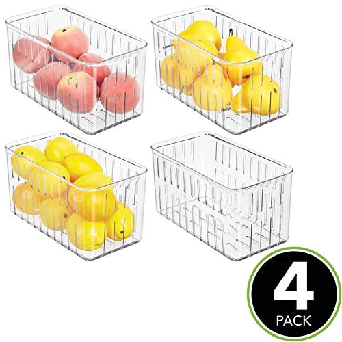 mDesign Plastic Food Cabinet Storage Organizer Container Bin with Open Vents for Kitchen, Pantry, Refrigerator Organization - Holds Fruit, Vegetables, Cheese - Ligne Collection - 4 Pack - Clear