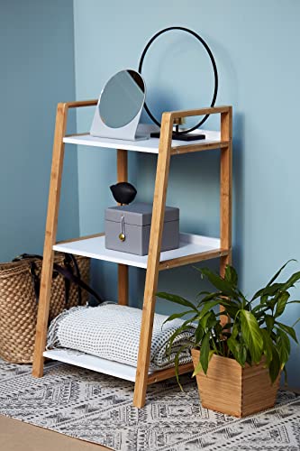 WENKO 3 Tier Ladder Shelf for Bathroom, Kitchen, Living Room, Bamboo, Storage Unit with White Shelves, Dimensions 16.93 x 29.92 x 14.17 in