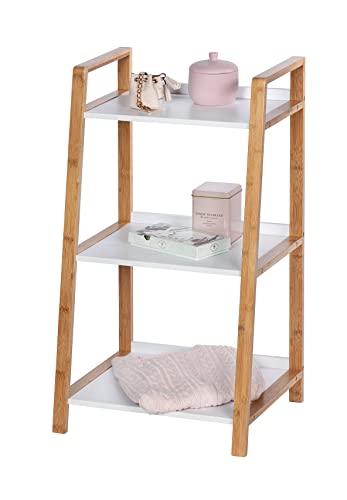 WENKO 3 Tier Ladder Shelf for Bathroom, Kitchen, Living Room, Bamboo, Storage Unit with White Shelves, Dimensions 16.93 x 29.92 x 14.17 in