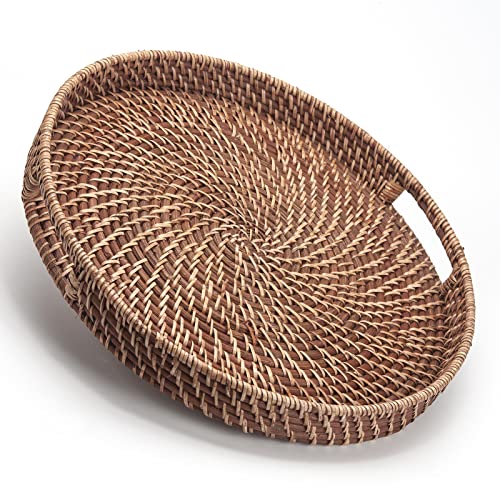 Round Rattan Woven Serving Tray with Handles Ottoman Tray for Breakfast, Drinks, Snack for Coffee Table, Home Decorative (16.9 inch, Honey Brown)