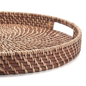 Round Rattan Woven Serving Tray with Handles Ottoman Tray for Breakfast, Drinks, Snack for Coffee Table, Home Decorative (16.9 inch, Honey Brown)