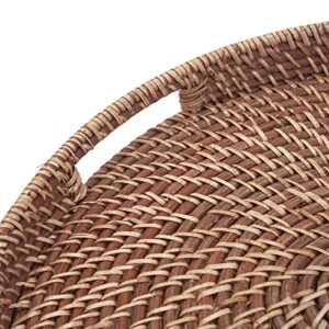 Round Rattan Woven Serving Tray with Handles Ottoman Tray for Breakfast, Drinks, Snack for Coffee Table, Home Decorative (16.9 inch, Honey Brown)