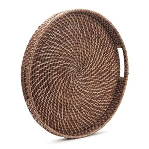 Round Rattan Woven Serving Tray with Handles Ottoman Tray for Breakfast, Drinks, Snack for Coffee Table, Home Decorative (16.9 inch, Honey Brown)