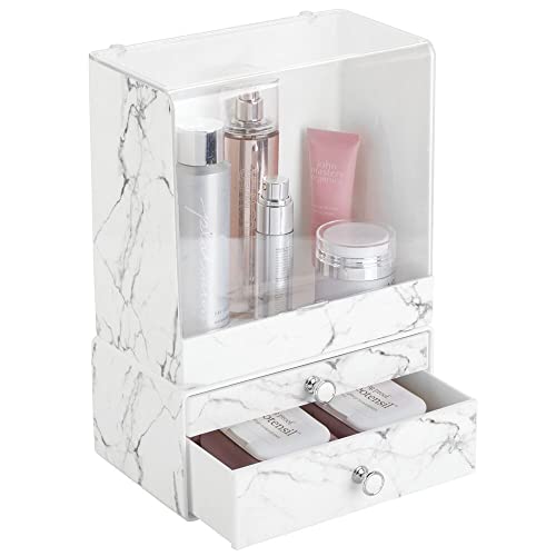 mDesign Decorative Stackable Plastic Makeup Organizers for Bathroom Vanity, Countertop, Cabinet - Easy-Access Cosmetic Storage, 2 Drawer Unit and Tall Bin Box with Lid - Set of 2 - Marble