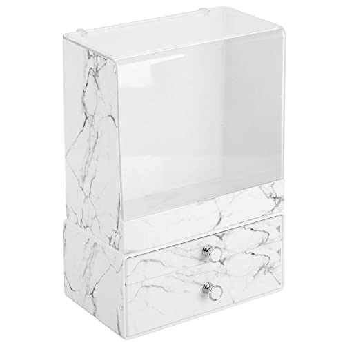 mDesign Decorative Stackable Plastic Makeup Organizers for Bathroom Vanity, Countertop, Cabinet - Easy-Access Cosmetic Storage, 2 Drawer Unit and Tall Bin Box with Lid - Set of 2 - Marble