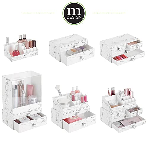 mDesign Decorative Stackable Plastic Makeup Organizers for Bathroom Vanity, Countertop, Cabinet - Easy-Access Cosmetic Storage, 2 Drawer Unit and Tall Bin Box with Lid - Set of 2 - Marble