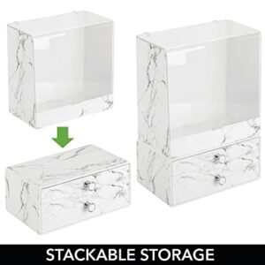 mDesign Decorative Stackable Plastic Makeup Organizers for Bathroom Vanity, Countertop, Cabinet - Easy-Access Cosmetic Storage, 2 Drawer Unit and Tall Bin Box with Lid - Set of 2 - Marble