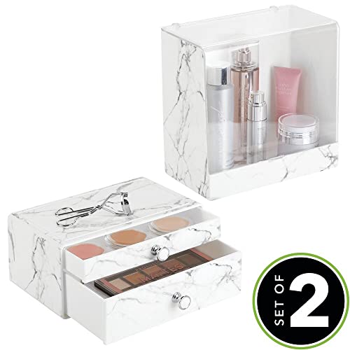 mDesign Decorative Stackable Plastic Makeup Organizers for Bathroom Vanity, Countertop, Cabinet - Easy-Access Cosmetic Storage, 2 Drawer Unit and Tall Bin Box with Lid - Set of 2 - Marble