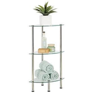 mdesign bathroom floor storage corner tower, 3 tier open glass shelves - compact shelving display unit - multi-use home organizer for bath, office, bedroom, living room - clear/chrome metal