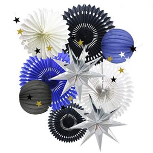 hanging party decoration supplies set of tissue paper fans star garland paper lanterns for graduation wedding anniversary birthday backdrop decoration (navy blue white black)