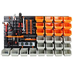 todeco 46 pcs wall mounted storage bins set, tool organizer bins parts rack with 28 storage bins, 14 accessories & 4 peg board, garage storage rack for tool, parts, craft