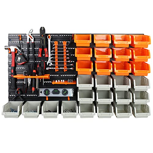 Todeco 46 Pcs Wall Mounted Storage Bins Set, Tool Organizer Bins Parts Rack with 28 Storage Bins, 14 Accessories & 4 Peg Board, Garage Storage Rack for Tool, Parts, Craft