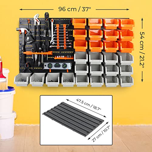 Todeco 46 Pcs Wall Mounted Storage Bins Set, Tool Organizer Bins Parts Rack with 28 Storage Bins, 14 Accessories & 4 Peg Board, Garage Storage Rack for Tool, Parts, Craft