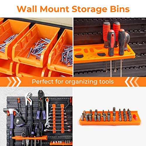 Todeco 46 Pcs Wall Mounted Storage Bins Set, Tool Organizer Bins Parts Rack with 28 Storage Bins, 14 Accessories & 4 Peg Board, Garage Storage Rack for Tool, Parts, Craft