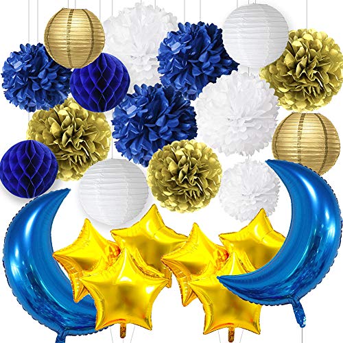 Wcaro Nautical Party Decorations To The Moon Party Decor Royal Blue White Gold Tissue Pom Poms Flower Paper Lanterns Paper Honeycomb Ball Moon Shaped Foil Mylar Balloons Star Shape Foil Mylar Balloons