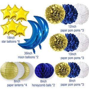 Wcaro Nautical Party Decorations To The Moon Party Decor Royal Blue White Gold Tissue Pom Poms Flower Paper Lanterns Paper Honeycomb Ball Moon Shaped Foil Mylar Balloons Star Shape Foil Mylar Balloons